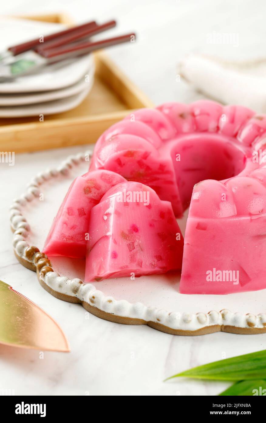 Sliced Mung Bean Flour Pudding with Pink Color, Popular Known as Cente ...