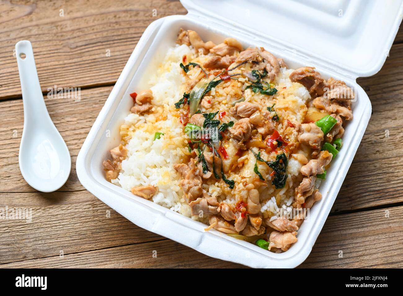 lunch box foam , food box with rice stir fried chicken with holy basil ...