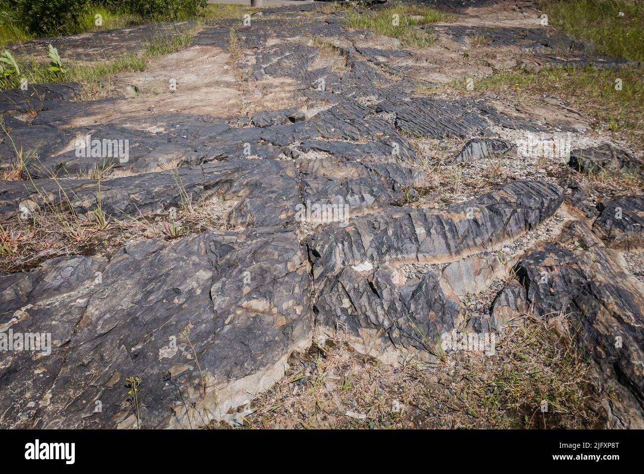 Black rocks in Sudbury, Ontario, Canada. The rocks were stained black ...