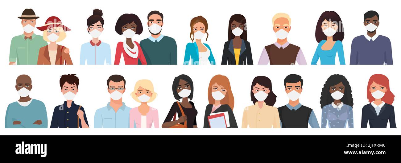 People protected from covid19 set vector illustration. Cartoon ...