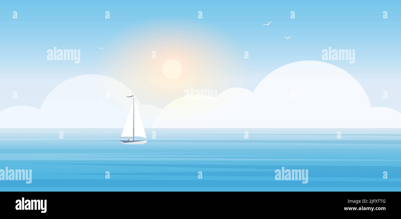 Sea skyline, landscape with sailboat in water, cloud silhouettes and ...
