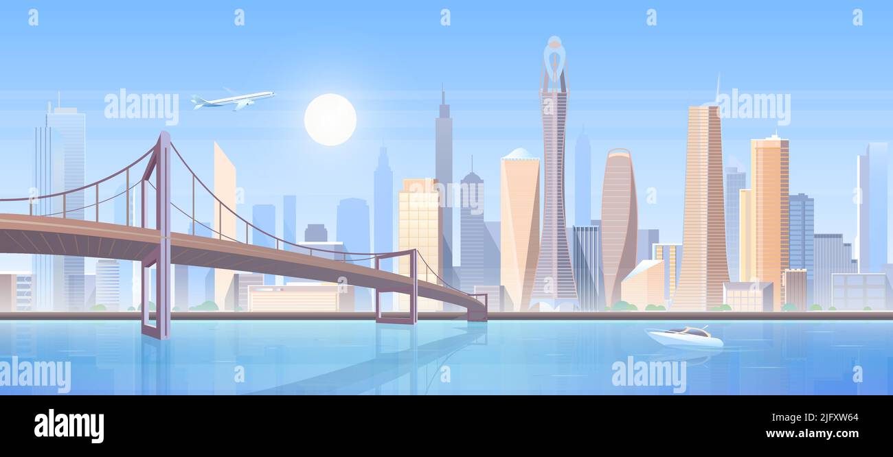 Futuristic skyline of modern city vector illustration. Cartoon ...