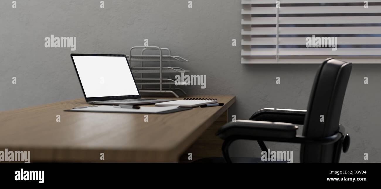 Simple office desk workspace with portable laptop computer white screen ...