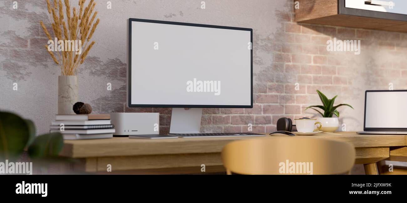 Minimal comfortable workplace interior design with blank PC desktop ...