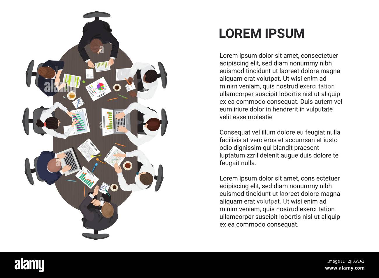 Aerial top view of business people meeting at round table. Cartoon team ...