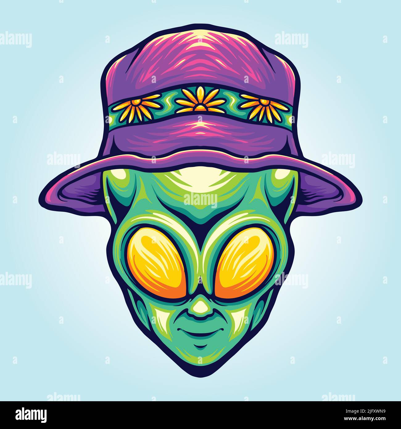 Funky alien head with summer beach hat vector illustrations for your ...