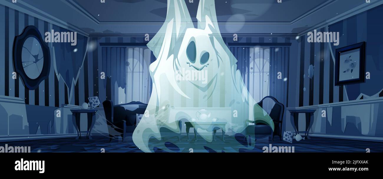 Ghost in night abandoned living room. Funny spook cartoon Halloween ...