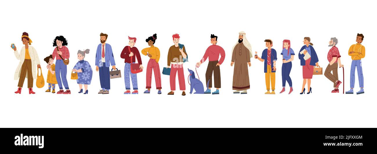 Different people stand in queue. Multiracial characters group patiently ...