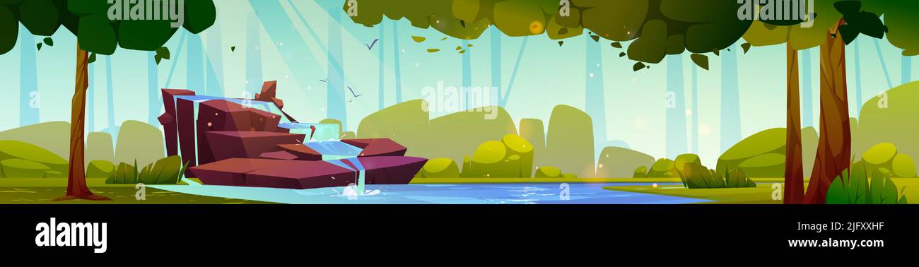 Waterfall in forest, cascade jet at summer nature landscape. Cartoon ...