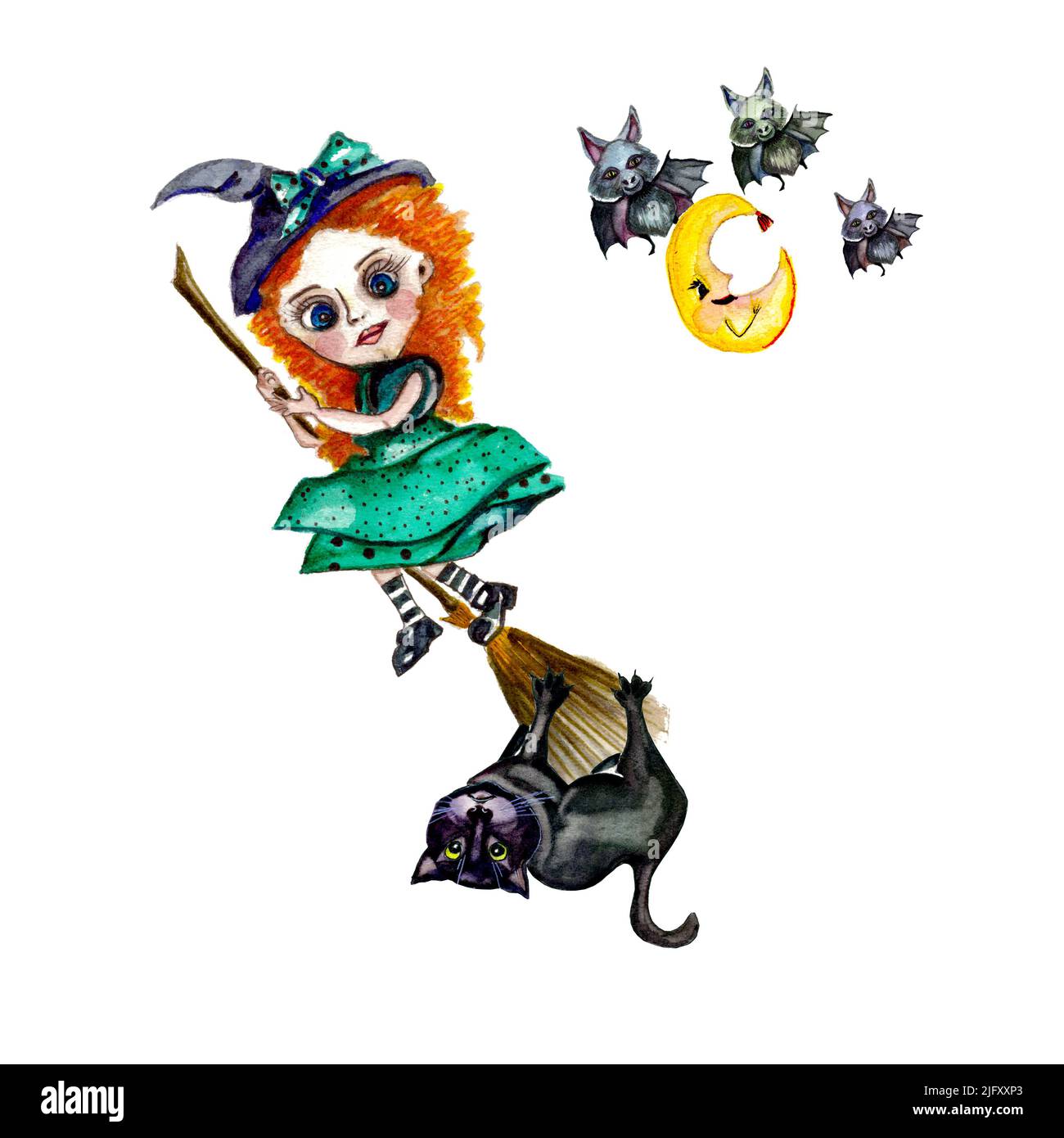 Watercolor cute halloween illustration witch on a broomstick with a ...