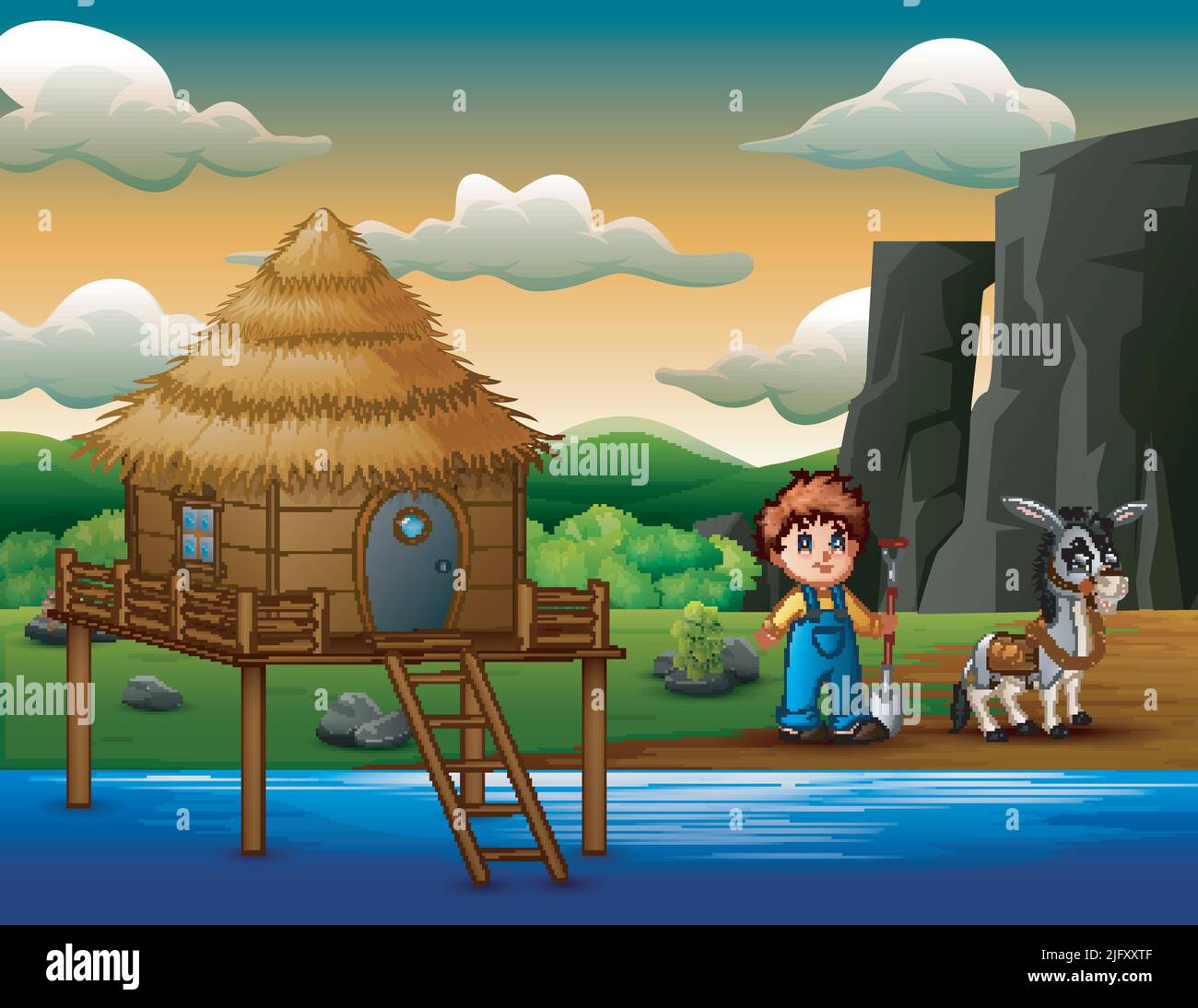 Cartoon farmer boy with donkey by the river Stock Vector Image & Art ...
