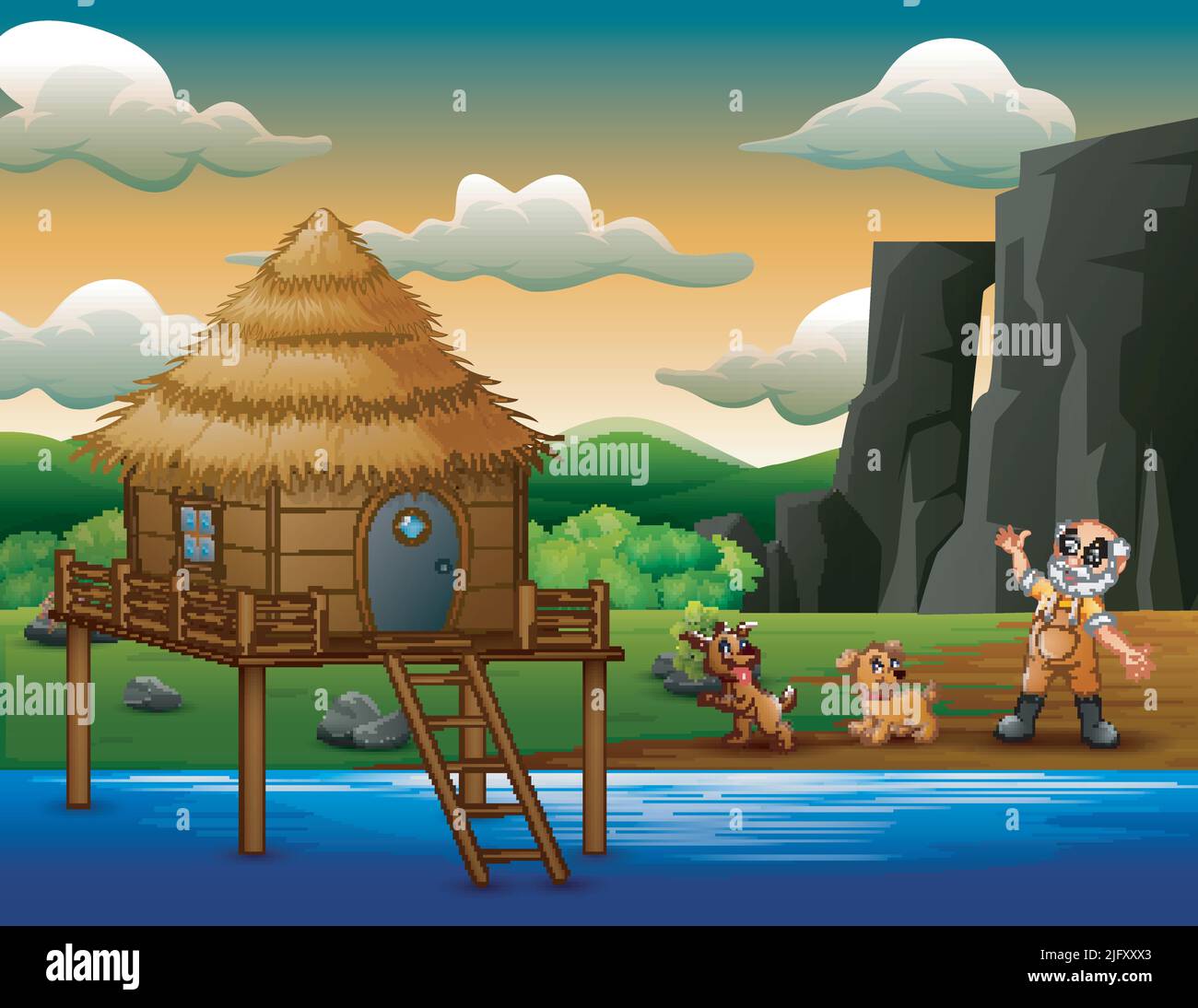 Cartoon old farmer with his dogs by the river Stock Vector Image & Art ...