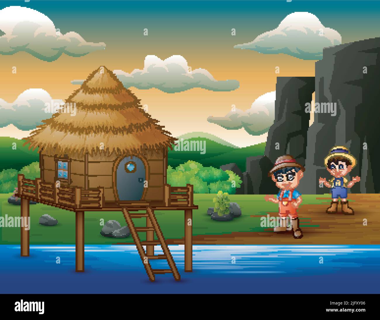 Cartoon two farmer boys by the river Stock Vector Image & Art - Alamy