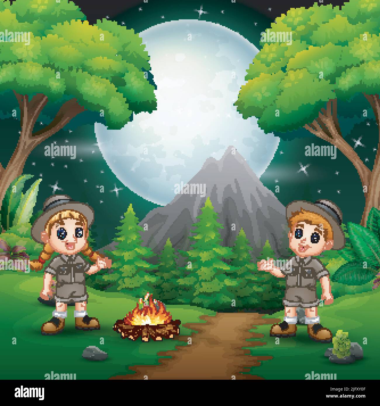 Happy scout boy and girl with a campfire at night Stock Vector Image ...