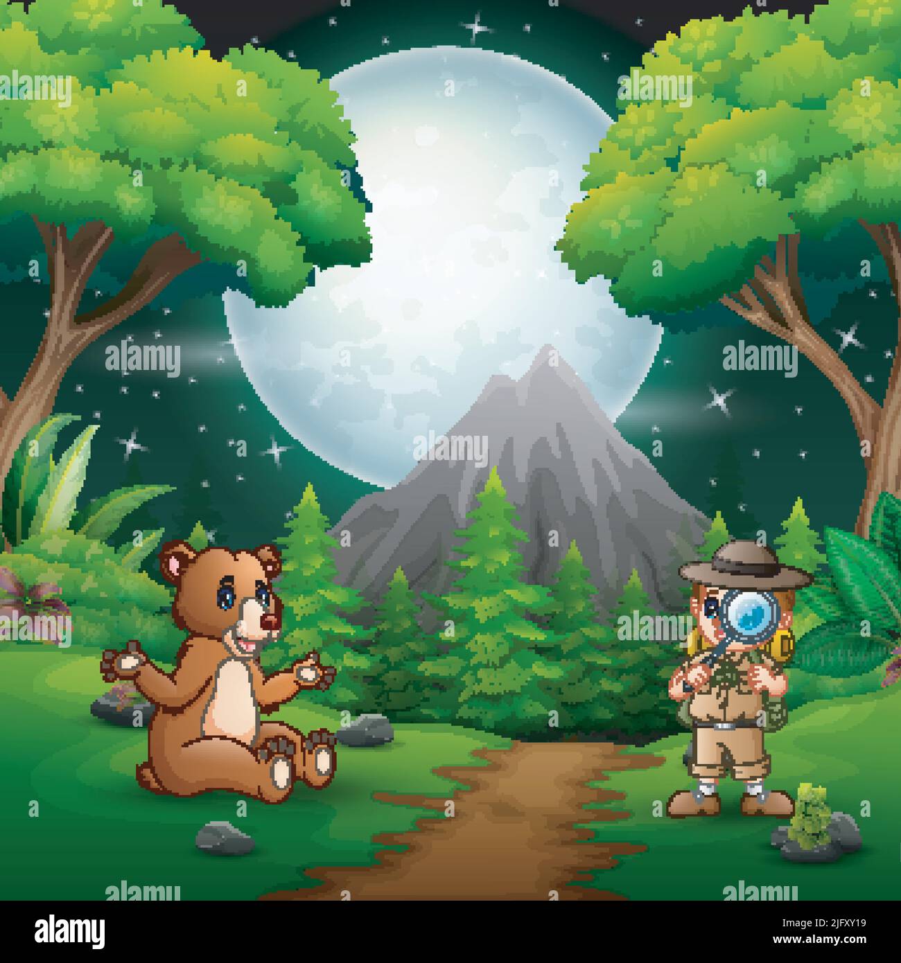 Boy explorer with a bear in the night scene Stock Vector Image & Art ...