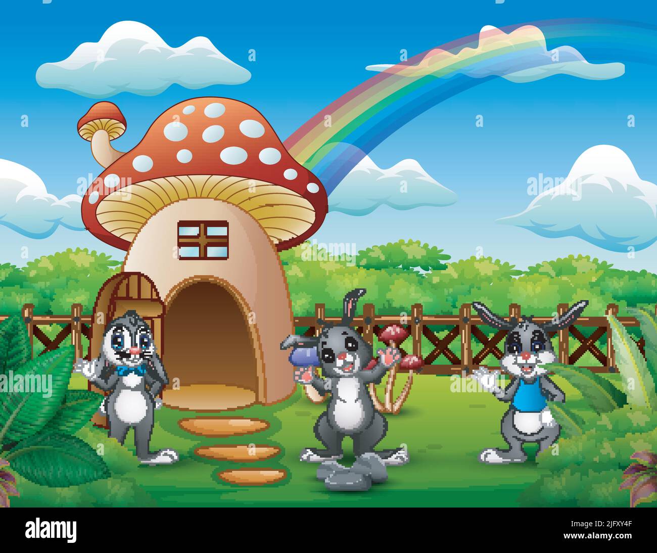 Cartoon many rabbits near the red mushroom house Stock Vector Image ...