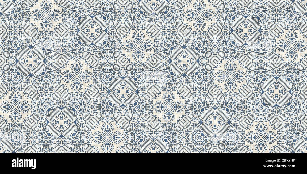 French blue linen effect geometric border pattern. Classic 2 tone ...