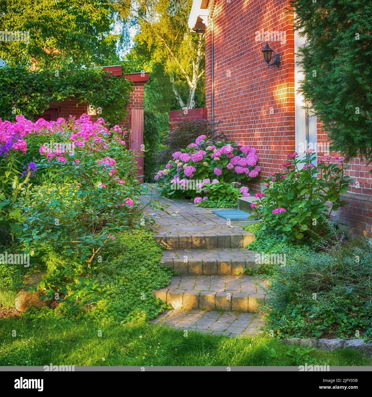 View of an entrance with bushes and plants. Stone stairs in backyard ...
