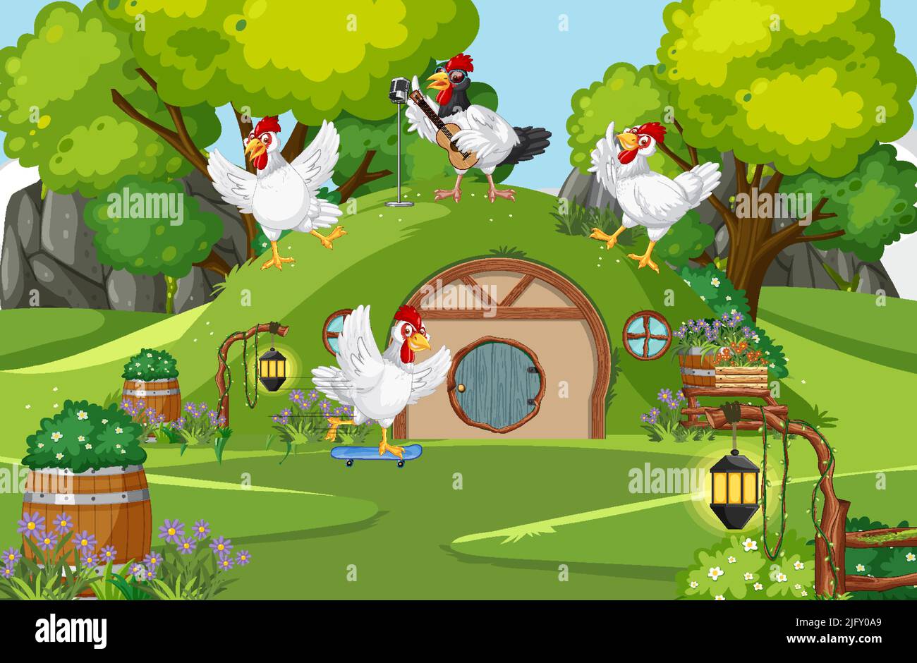 Hobbit house with chicken family illustration Stock Vector Image & Art ...