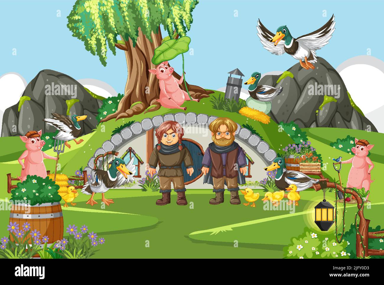 Enchanted scene with medieval cartoon characters illustration Stock ...