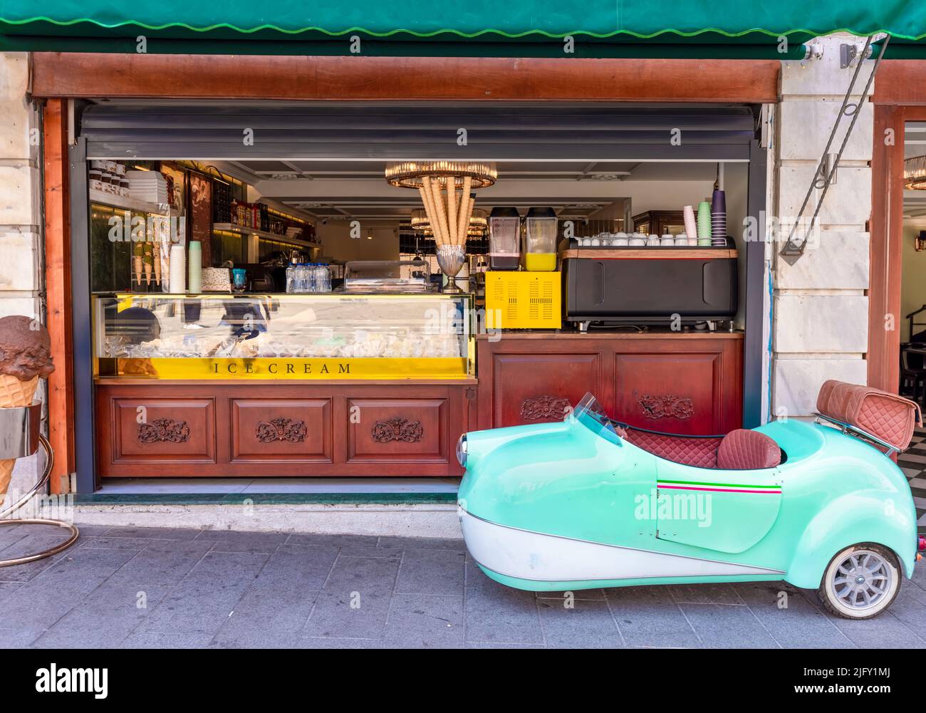 Turkey, ice cream cafe in colorful Istanbul Karakoy old historic ...