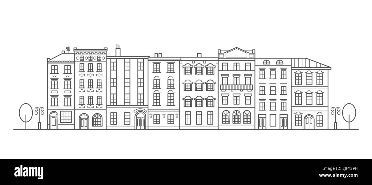 Europe street outline illustration. Old houses in row. Retro buildings ...