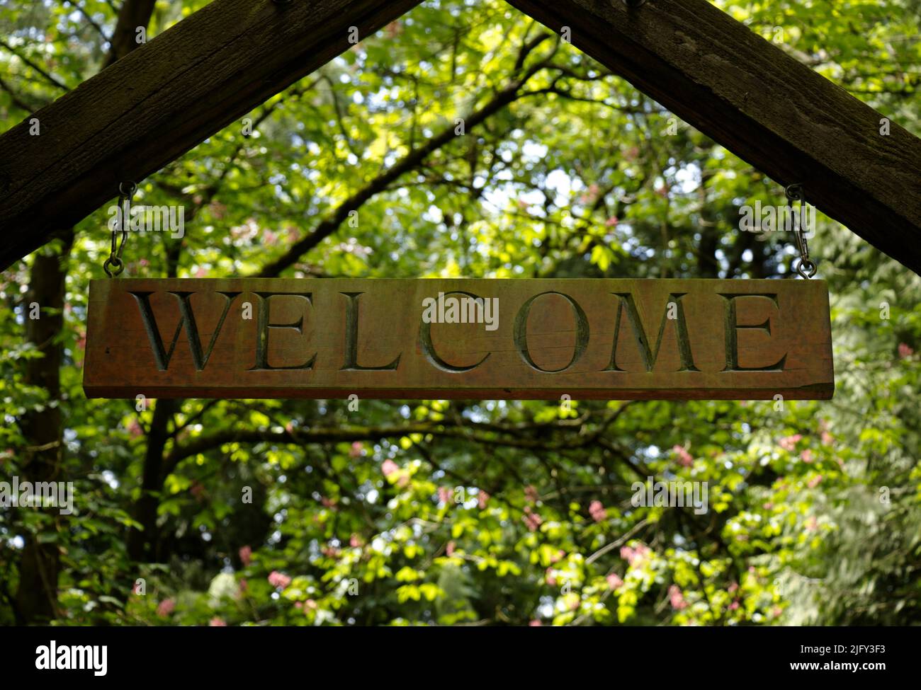 Wooden welcome sign hanging in front of green trees Stock Photo - Alamy