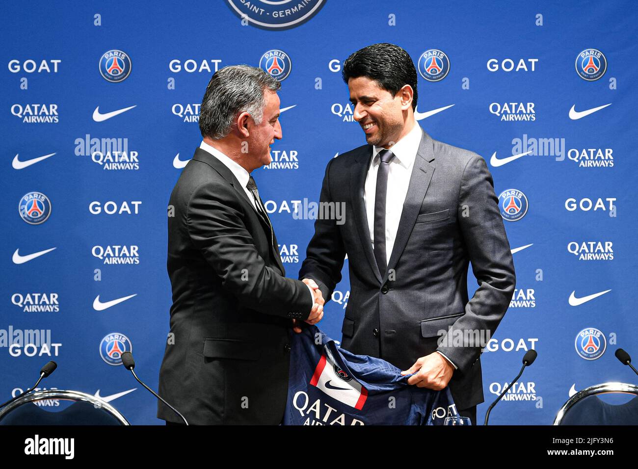 Paris, France on July 5, 2022. French coach Christophe Galtier (L) and ...