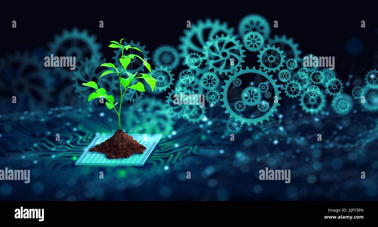 Green Plant sprout on soil with Cogwheels. Blue light and Technology ...
