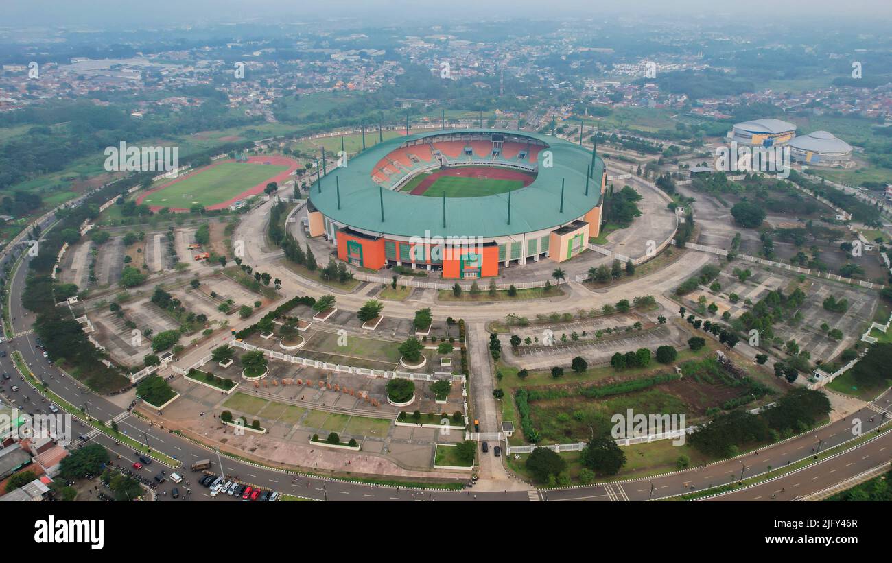Aerial view of the Beautiful scenery of Pakansari Stadium. with Bogor ...