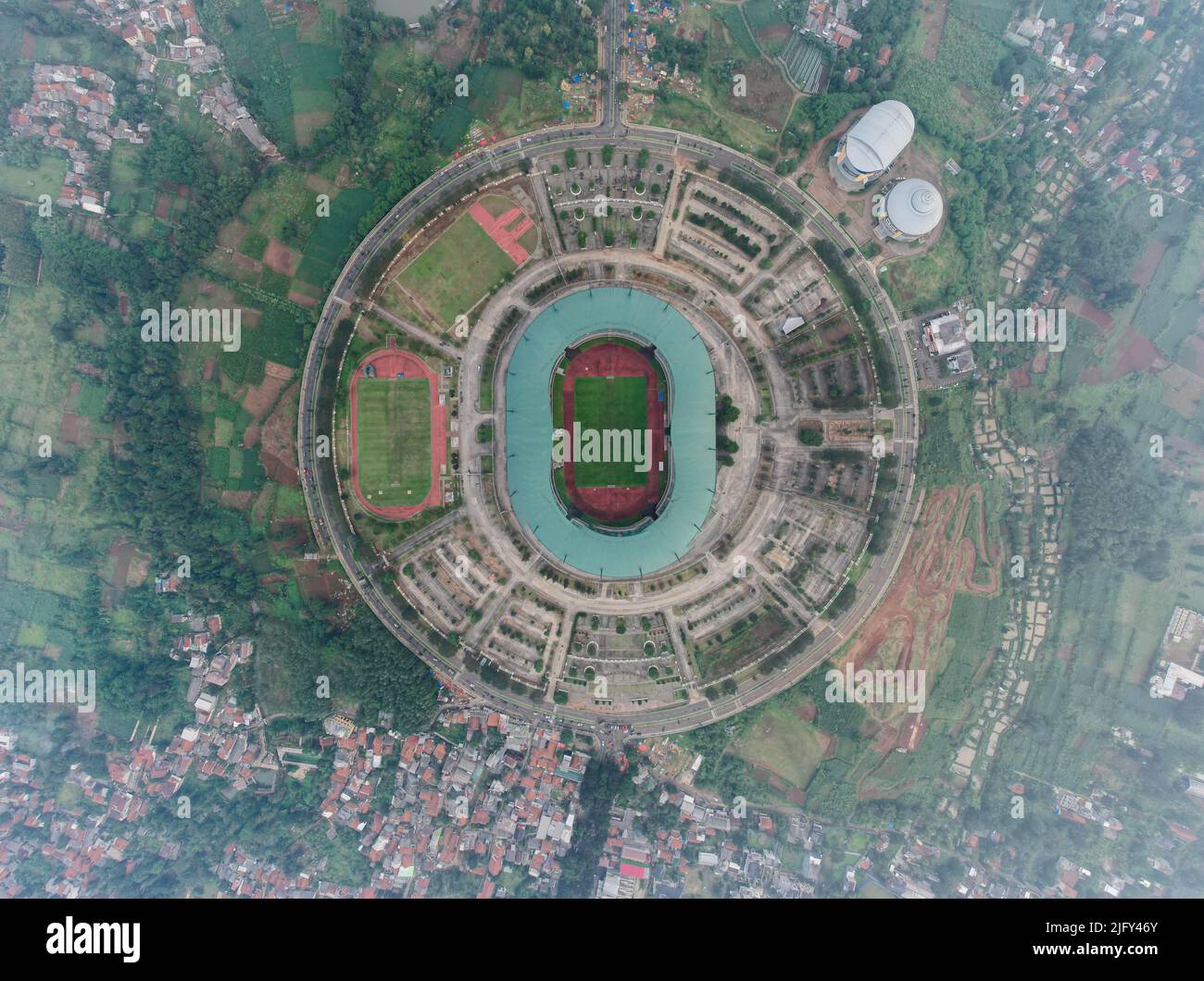 Aerial view of the Beautiful scenery of Pakansari Stadium. with Bogor ...