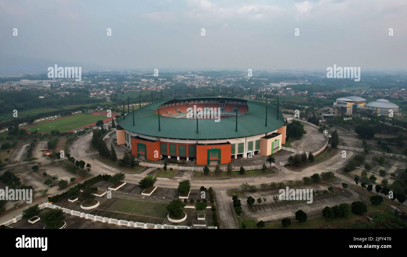 Aerial view of the Beautiful scenery of Pakansari Stadium. with Bogor ...