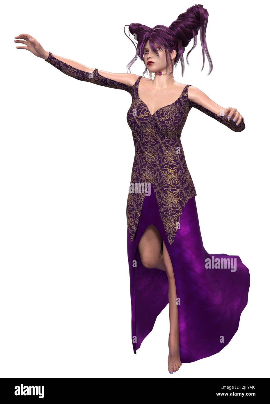 Dark witch or elf woman wear fantasy purple outfit and hair, 3D ...
