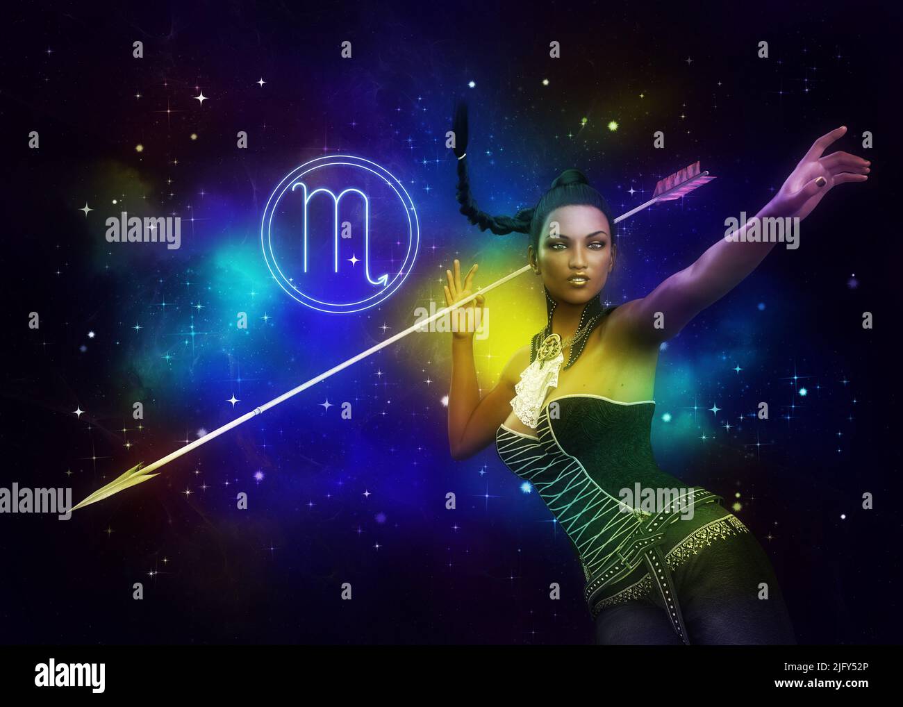 Colorful starry space background and 3d warrior girl with spear ...