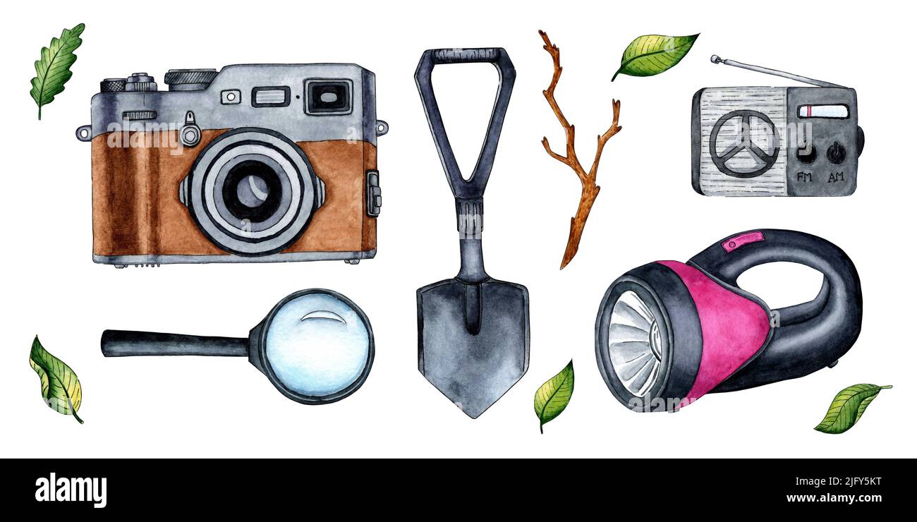 Set of watercolor illustrations expedition camera, shovel, magnifier ...