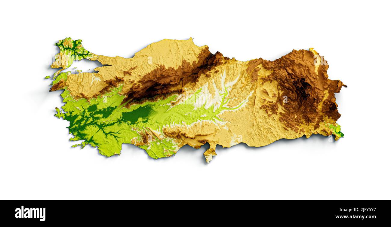 A 3D illustration of the Turkey Map with Shaded relief isolated on the ...