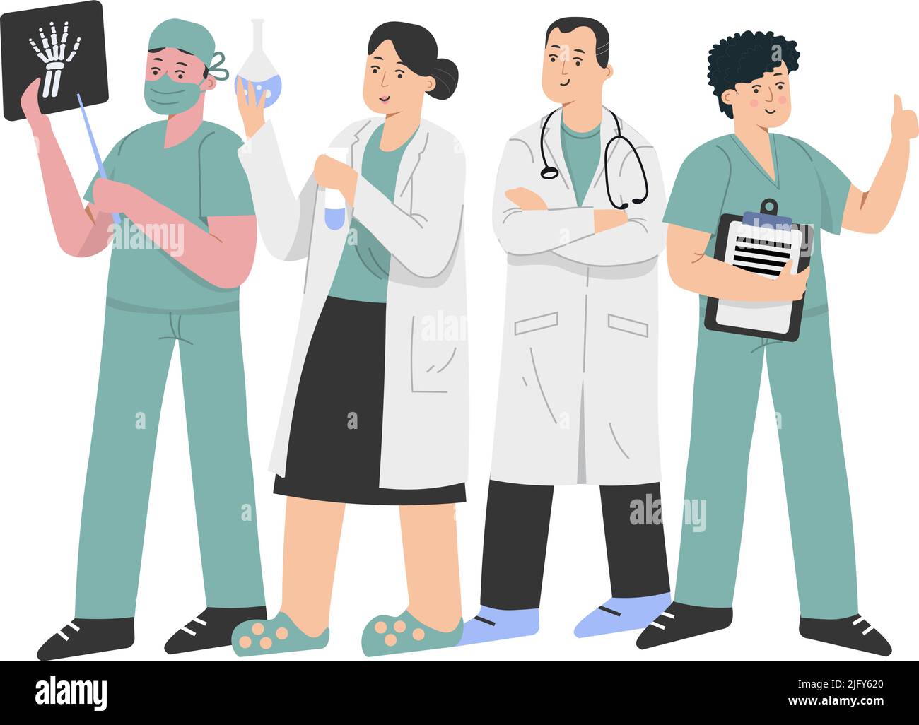 Doctors are standing in a group with a picture with a beaker, patients ...