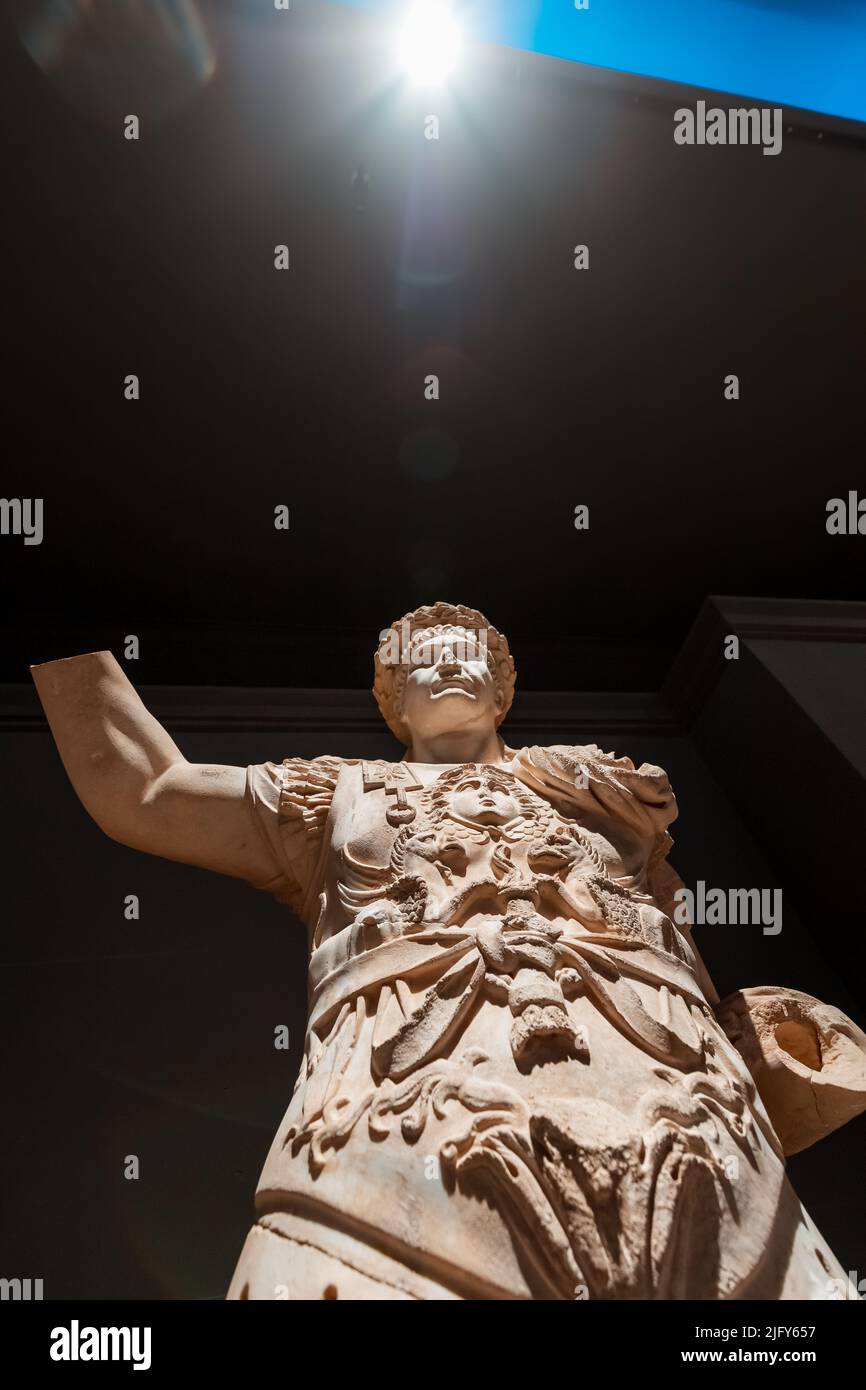 A view from below of the majestic and dominating figure of the Trajan ...