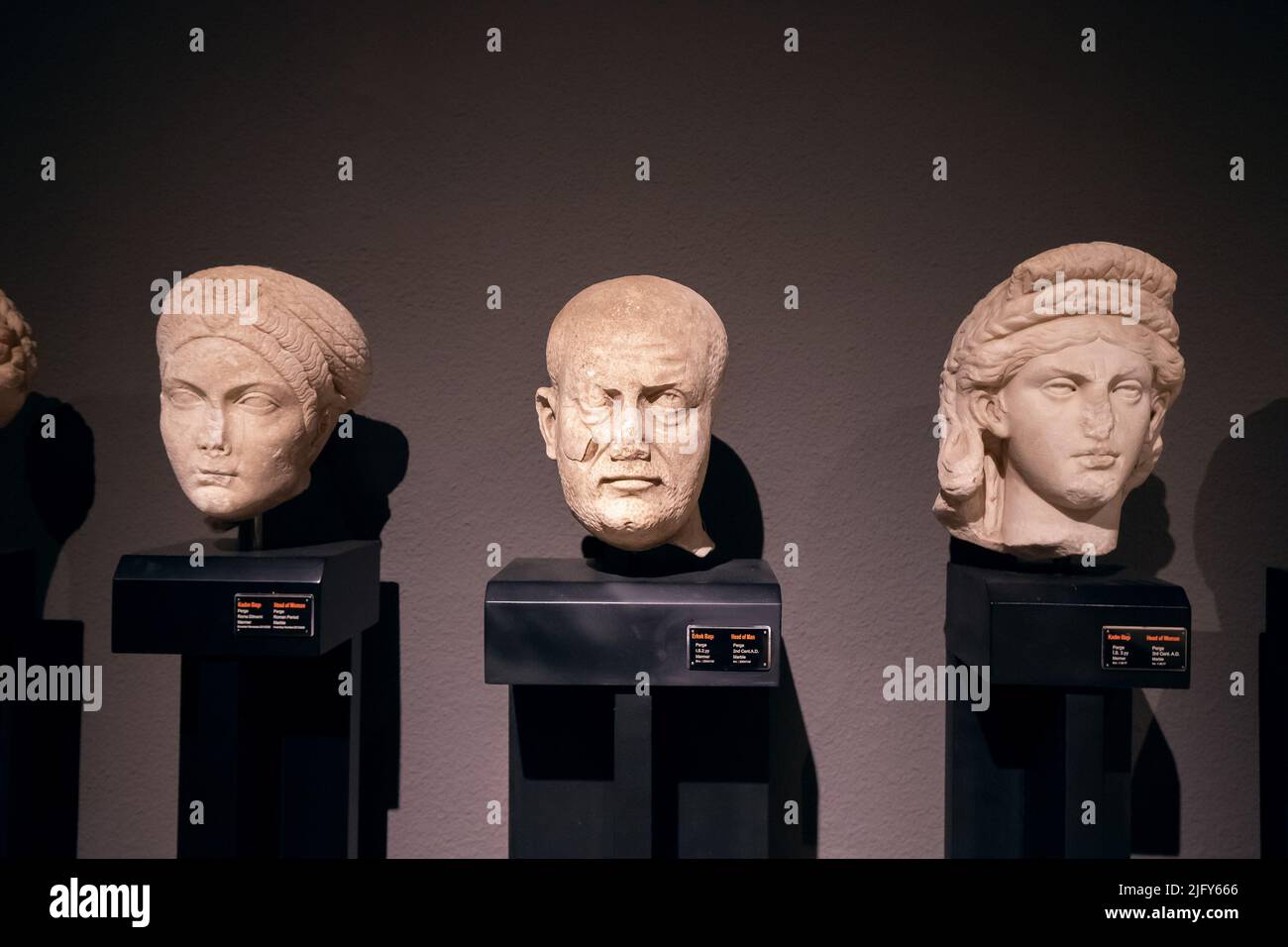 28 May 2022, Antalya, Turkey: A lot of Heads of Greek antique statues ...