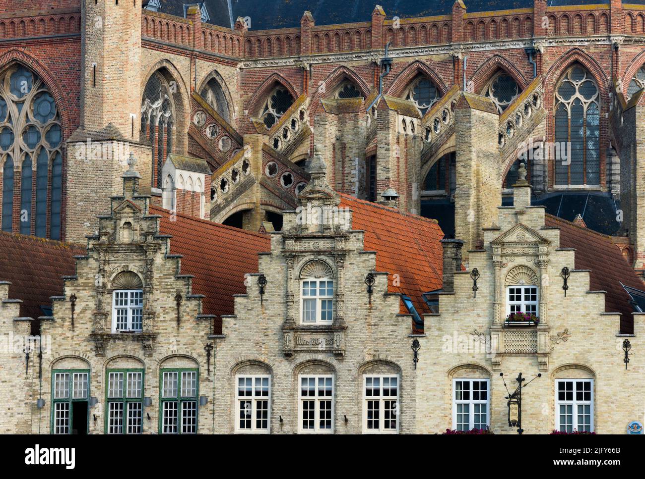Typical step-gabled facades of medieval houses in Flanders, Belgium ...