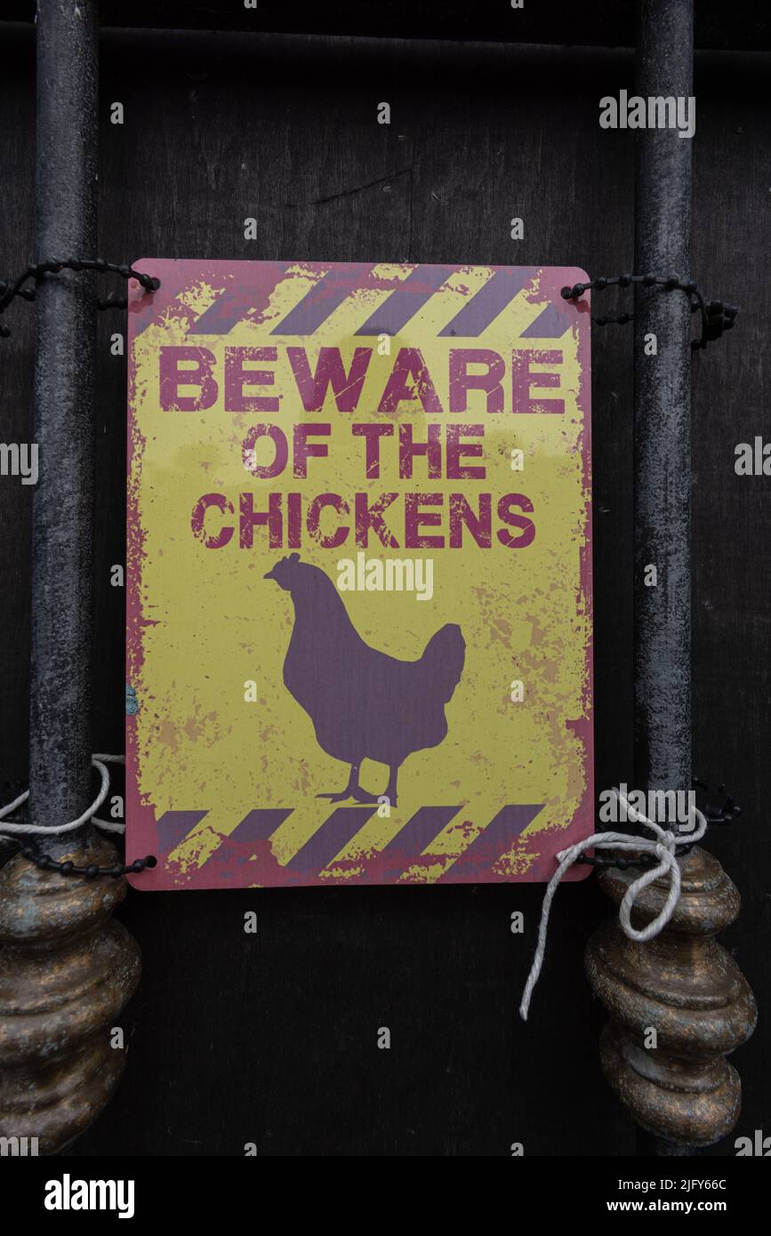 Beware of chickens sign hanging on a fence in Knaresborough North ...