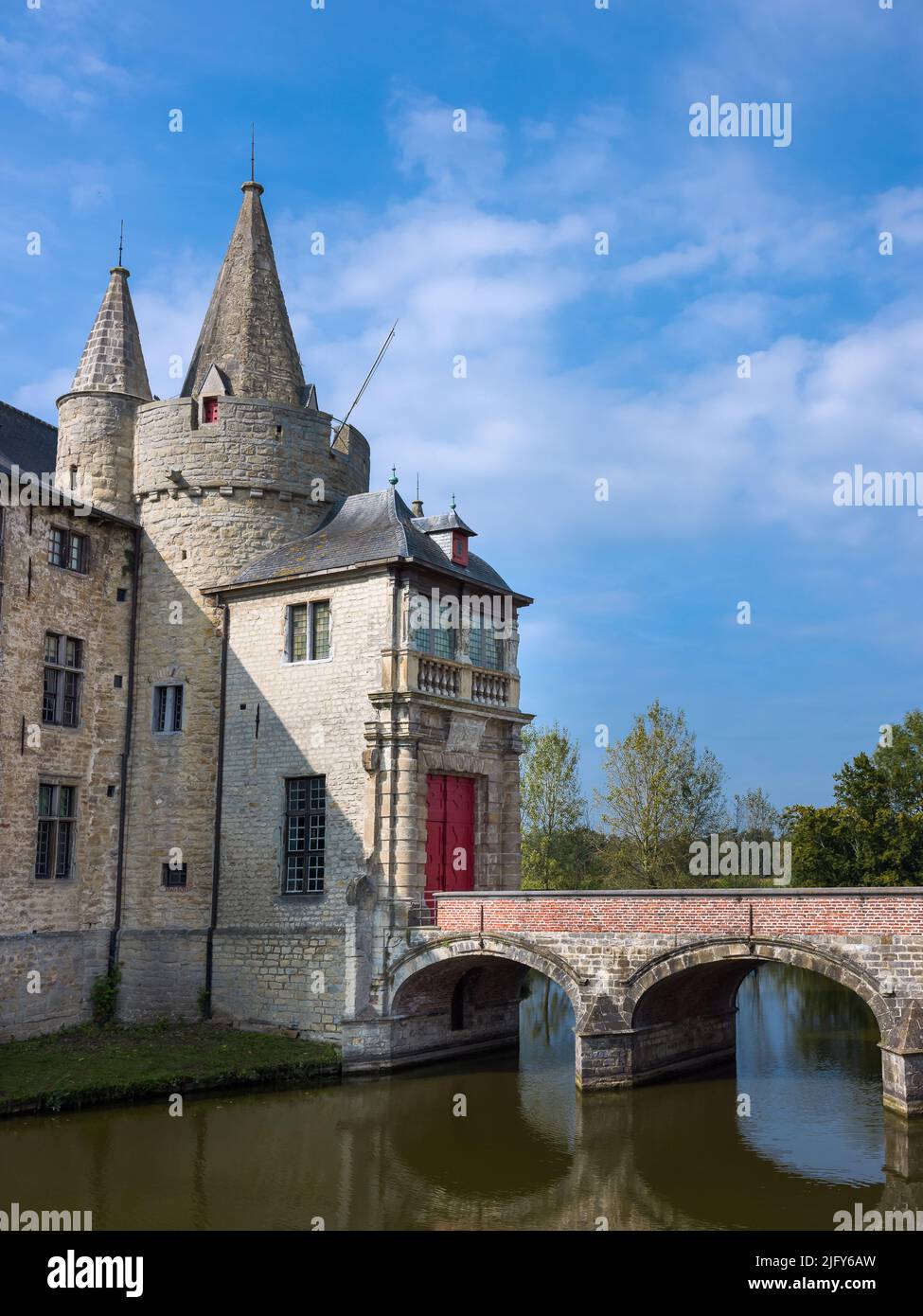 Exterior view of a 14th century medieval castle in the Flemish region ...