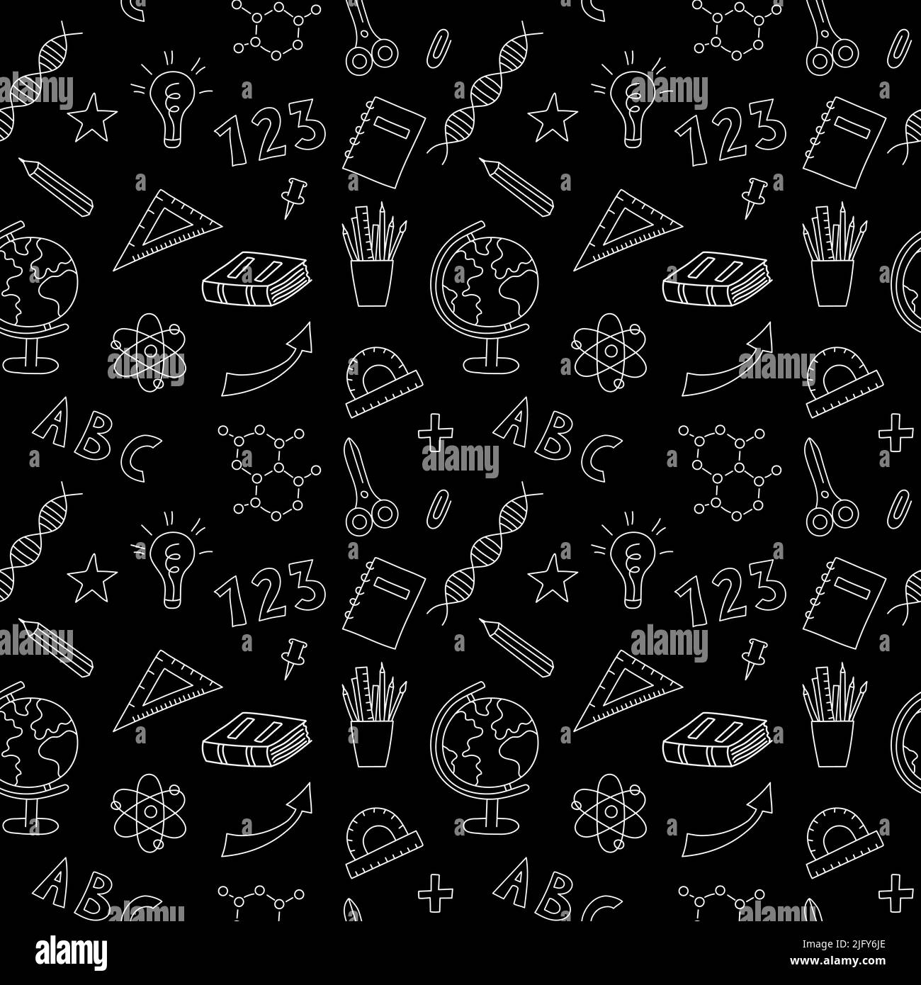 School doodle pattern black and white. Hand drawn education elements ...
