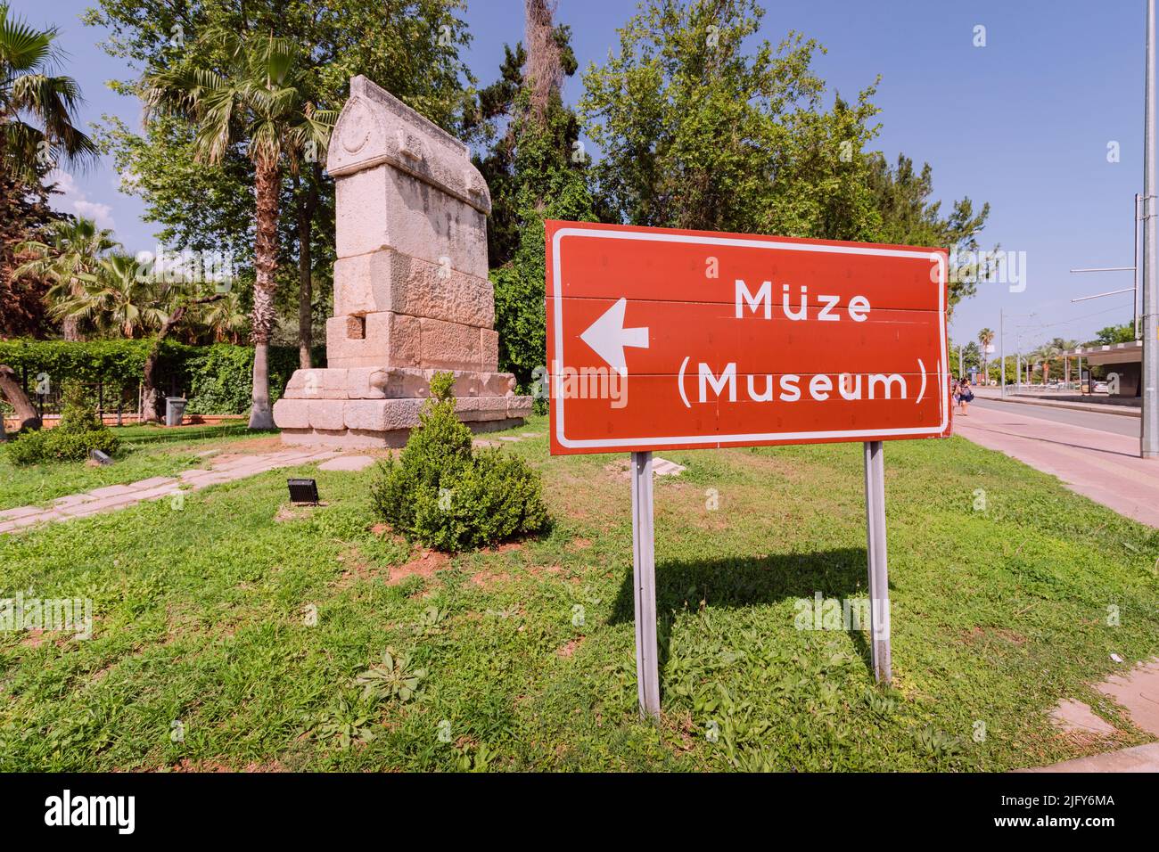 28 May 2022, Antalya, Turkey: sign showing direction of the entrance to ...