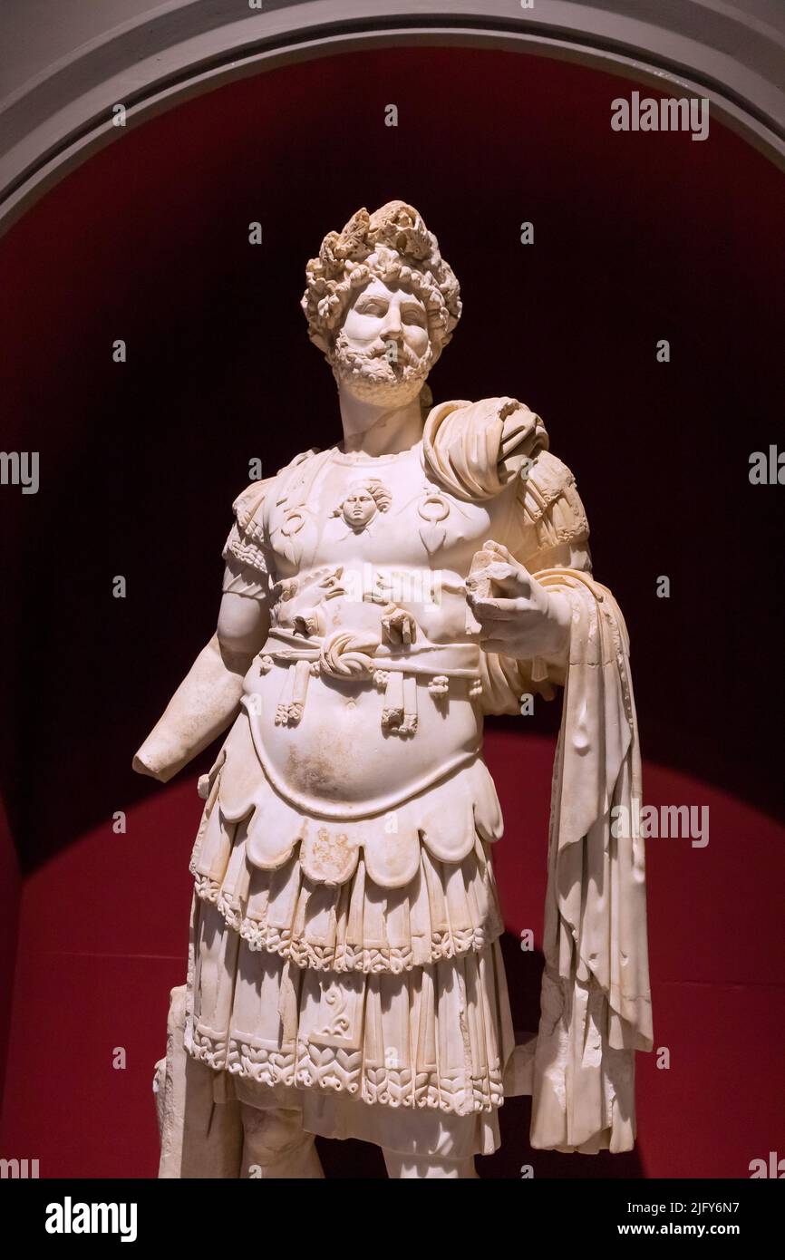 28 May 2022, Antalya, Turkey: Great statue of a Roman Emperor Hadrianus ...