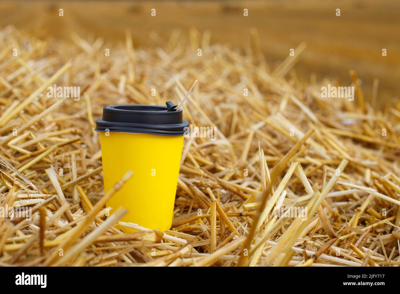 cardboard cup of coffee or tea on the field with a hay straw bales ...