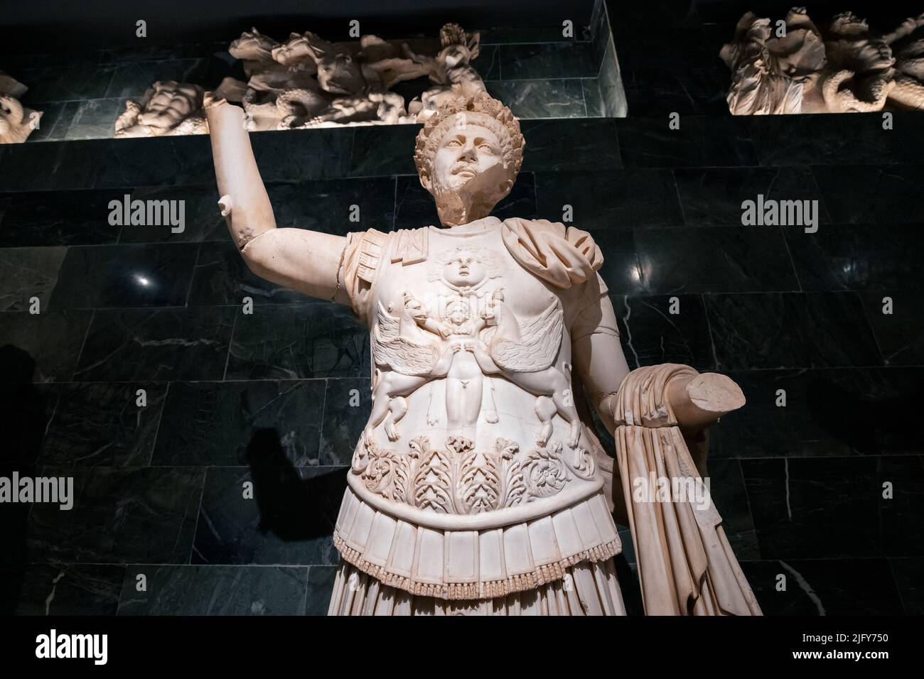 A view from below of the majestic and dominating figure of the Trajan ...