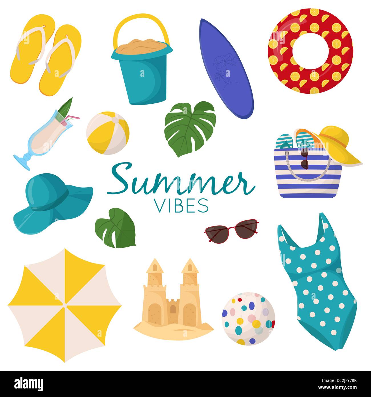 Set of cute summer elements: surfboard, cocktail, bag, hat, palm tree ...