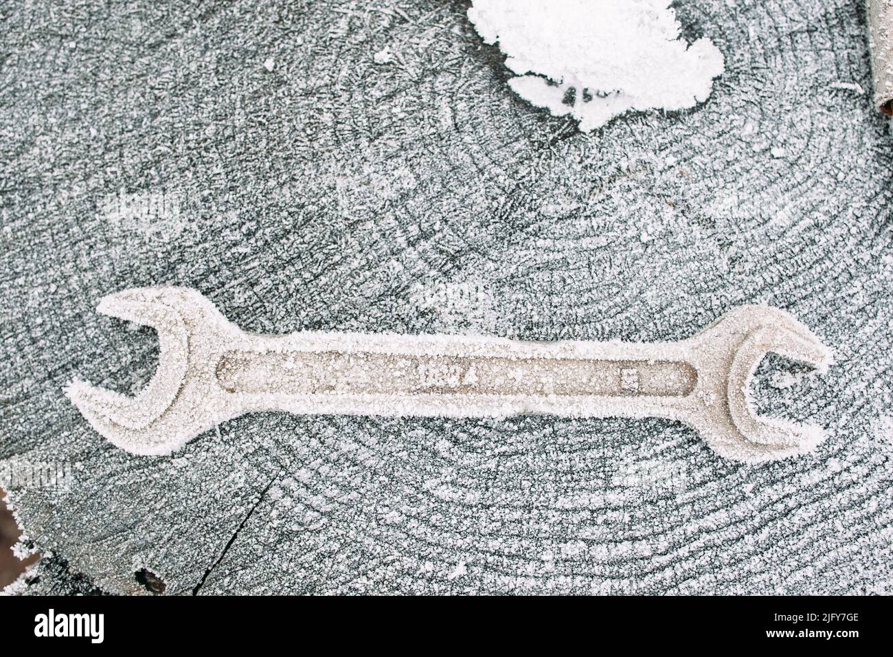 Frozen wrench frosty wooden stump top view Stock Photo - Alamy