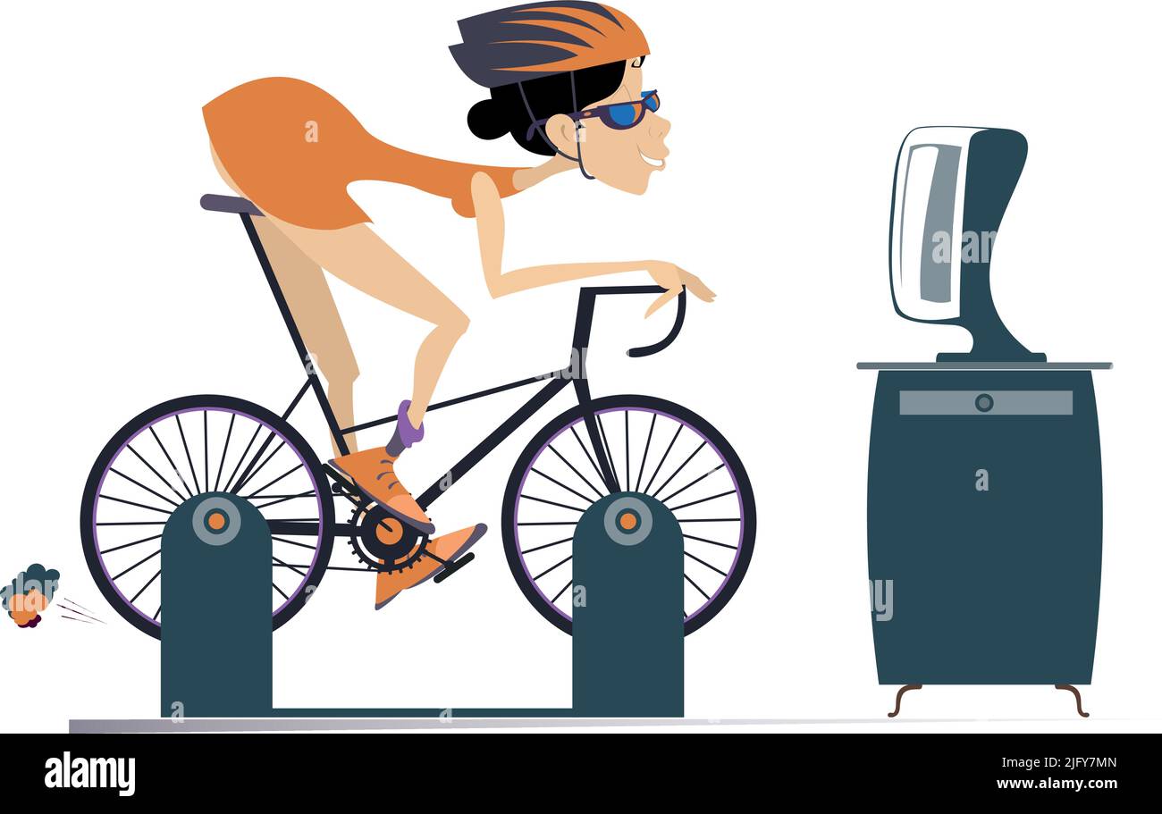 Cyclist woman trains at home on the exercise bike illustration. Cyclist ...